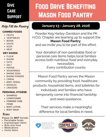 Food Drive Beneefiting Mason Food Pantray | Powder Keg Chapter #5114 ...